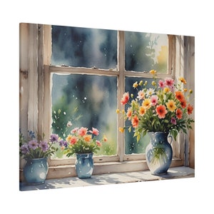 Window Reflections- Enchanting Watercolor Blooms on Canvas 1- Stretched ...