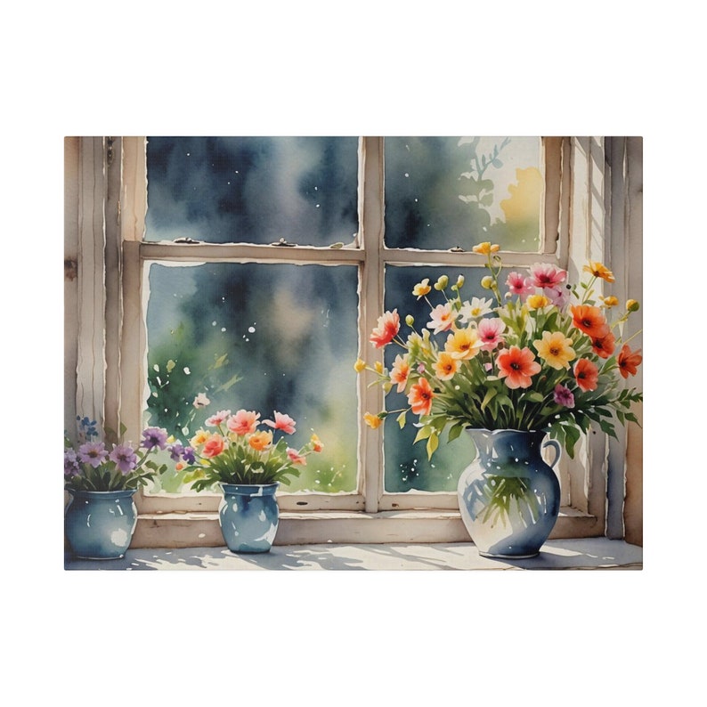 Window Reflections- Enchanting Watercolor Blooms on Canvas 1- Stretched ...