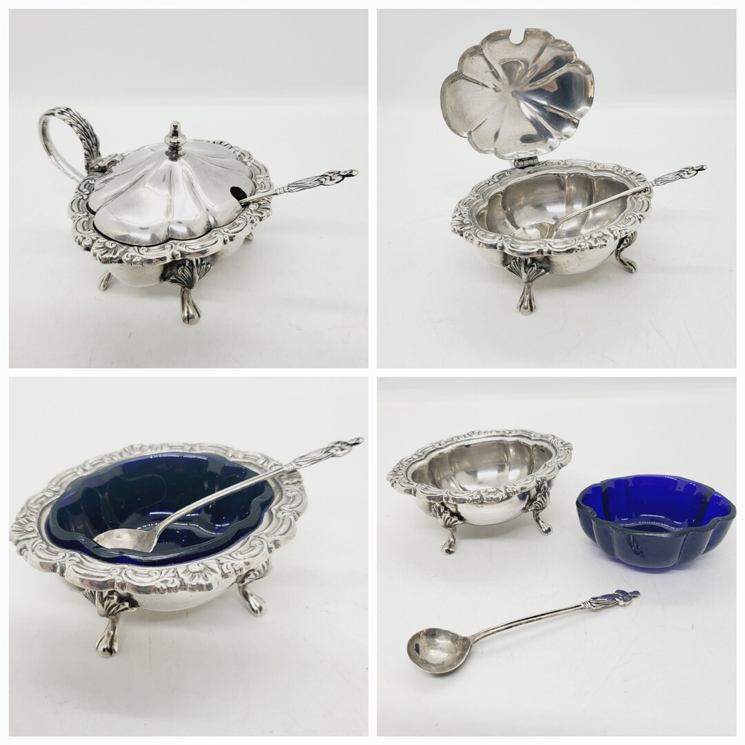 Silver and Cobalt Blue Condiment Lidded Dish, Salt Pot and Apostle ...