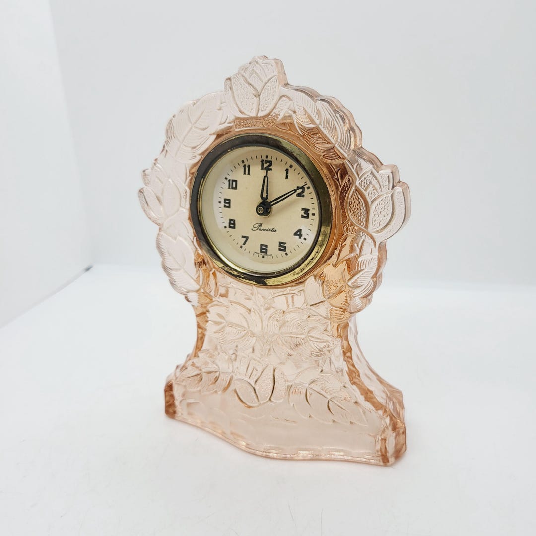 1930's Glass Precista Dressing Table Clock, Pink Mantle Wind up Clock ...