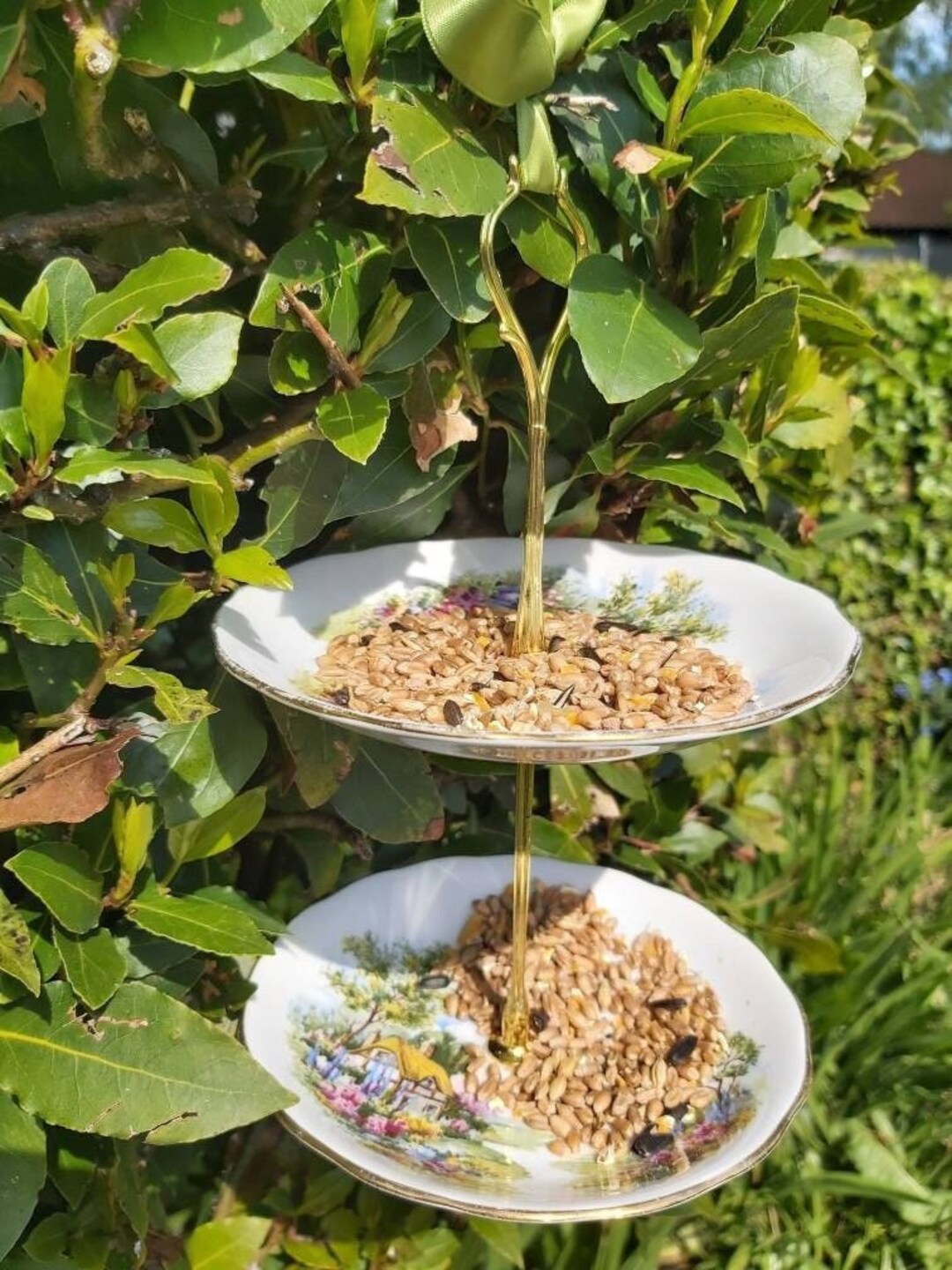 Vintage China Bird Feeder, Repurposed Country Cottage Saucer Hanging ...