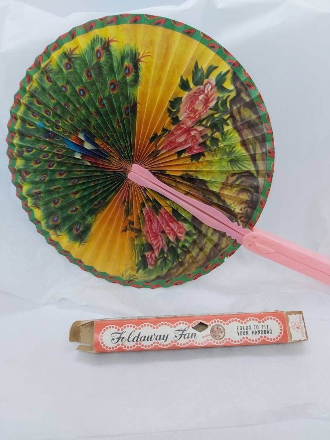 Vintage Chinese Foldaway Fan in Original Box, Paper Peacock, Floral and ...