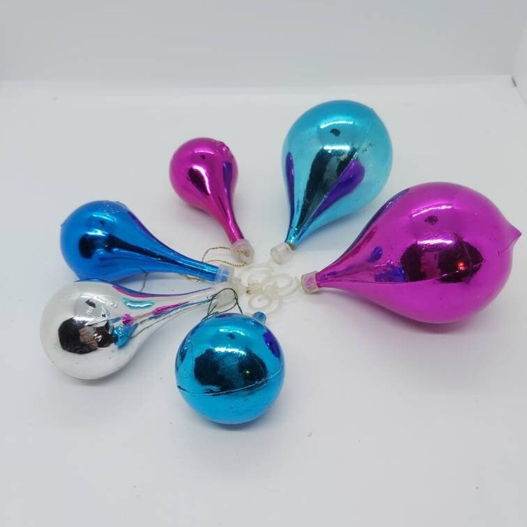 6 Vintage Retro Teardrop Baubles, Christmas Tree Ornaments, Pink and ...