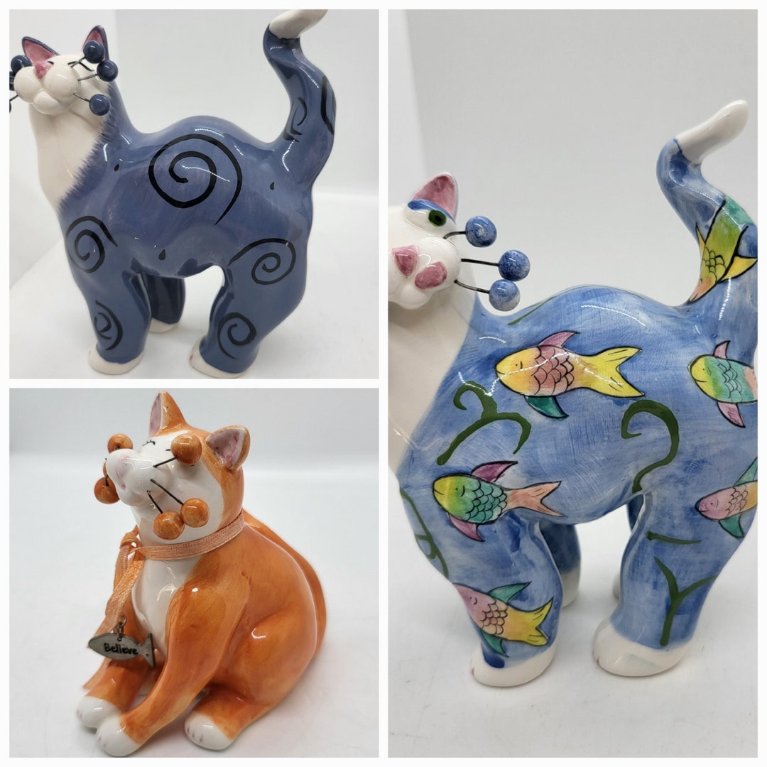 Amy Lacombe Cat Figurine Blue Black Swirl Blue Fish or - Etsy
