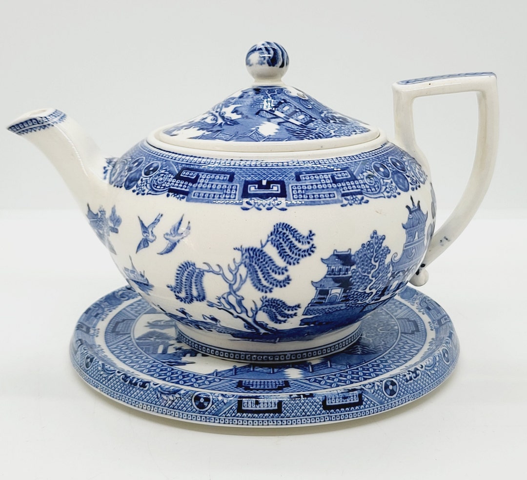 Wedgwood Etruria Willow Teapot or Teapot Stand, Blue and White Teapot, or Pan Stand, Spoon Rest ...