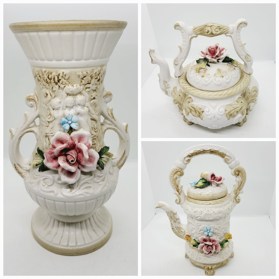 Capodimonte Large Floral Vase or Teapot, Italian Porcelain Cabinet ...