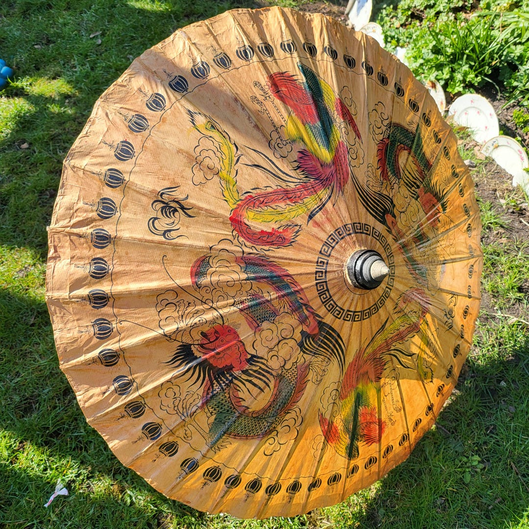Vintage Chinese Paper Parasol: Dragon & Rosefinch Sun Shade - Etsy