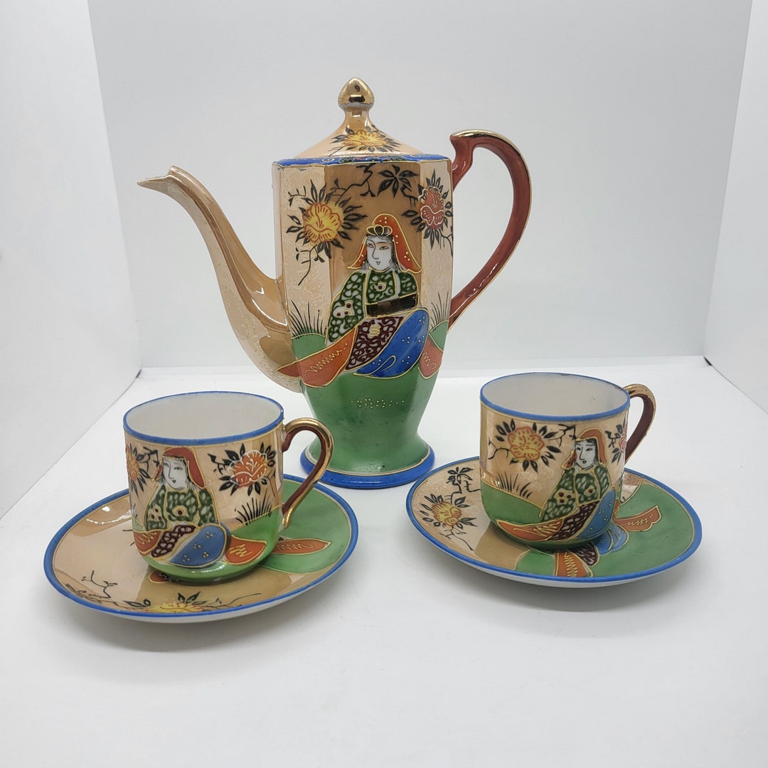 Original Samurai Teapot and Teacups, Hand Painted Japanese Coffee Pot ...