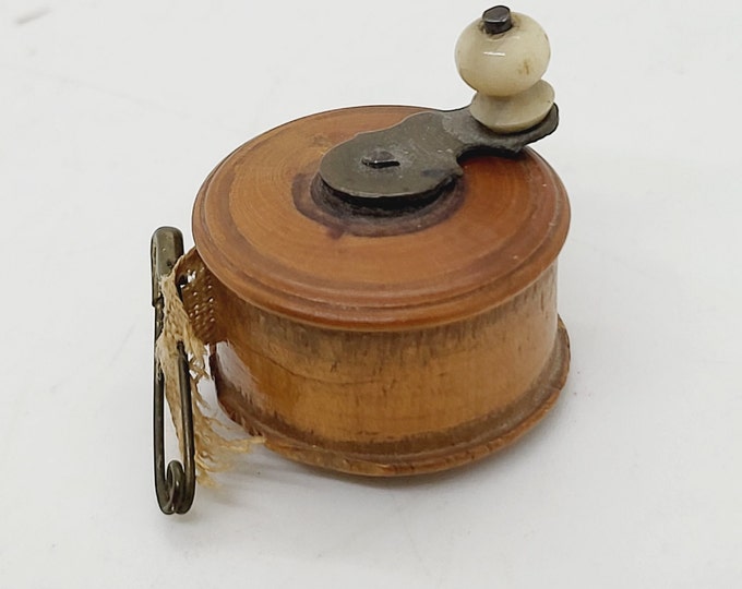 Antique Tape Measure, Wind Up, Pull Out, Victorian Round Wood Drum With ...