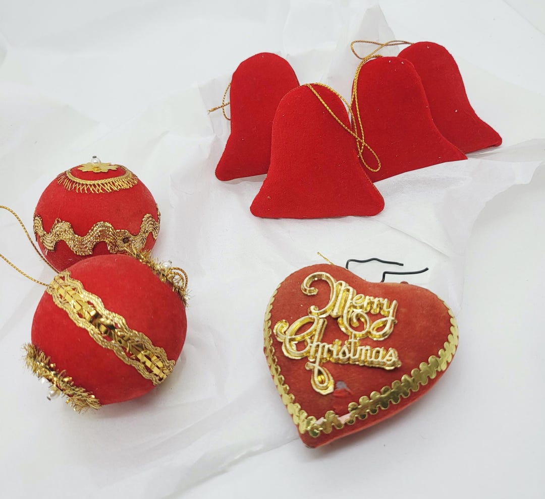 Vintage Red Velvet Christmas Ornament: Bells, Heart or Sphere Baubles ...