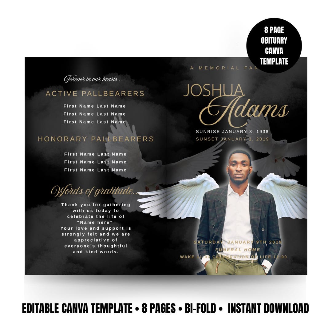 Editable Canva Obituary Template, Custom Men’s Memorial Service ...
