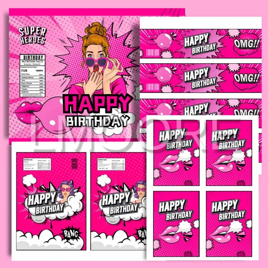 Girly Pink Comic Book Party Favor Templates, Party Favor Template Set ...