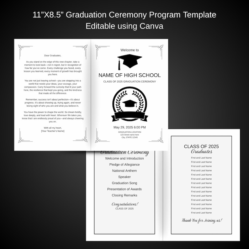 High School Graduation Ceremony Program, Editable Canva Program ...