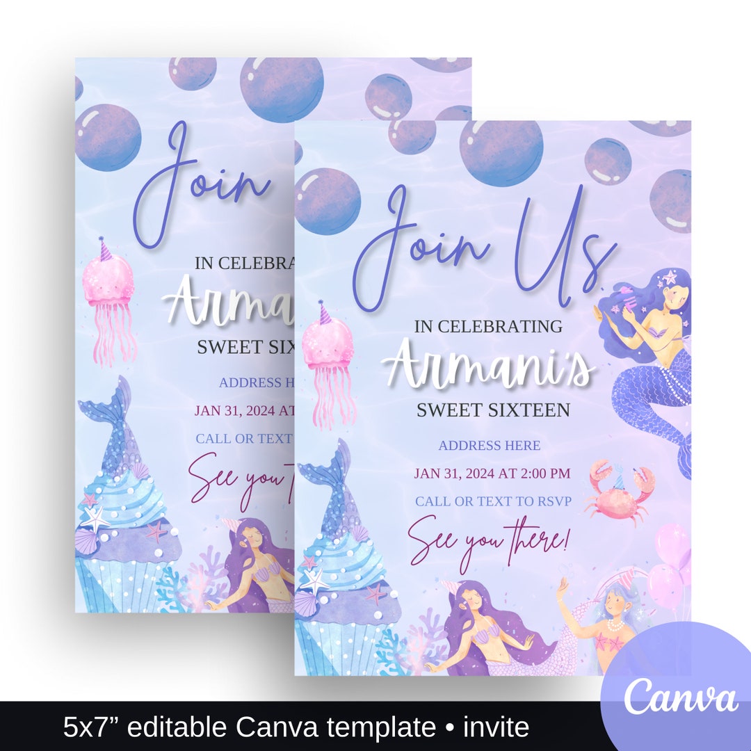 Mermaid Birthday Invitation, Canva Bday Party Invitation, Mermaid ...