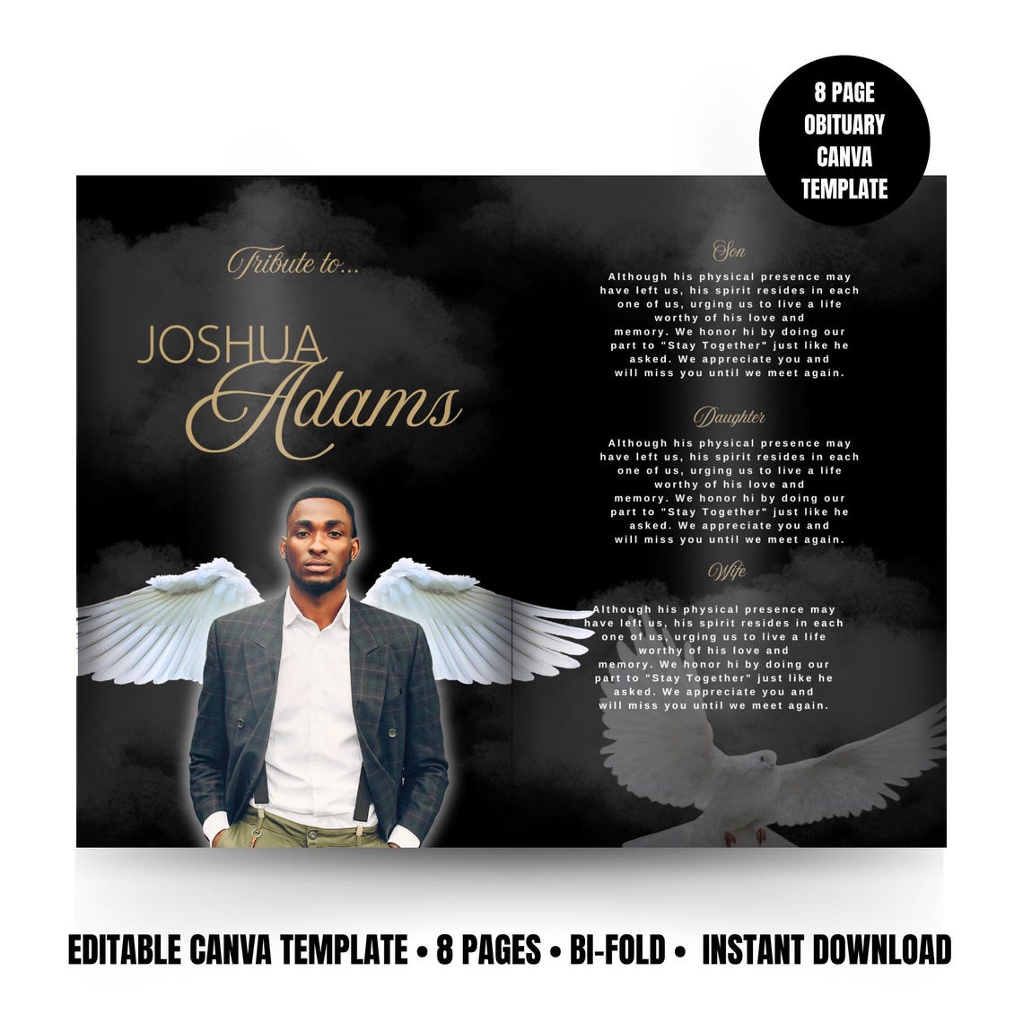Editable Canva Obituary Template, Custom Men’s Memorial Service ...