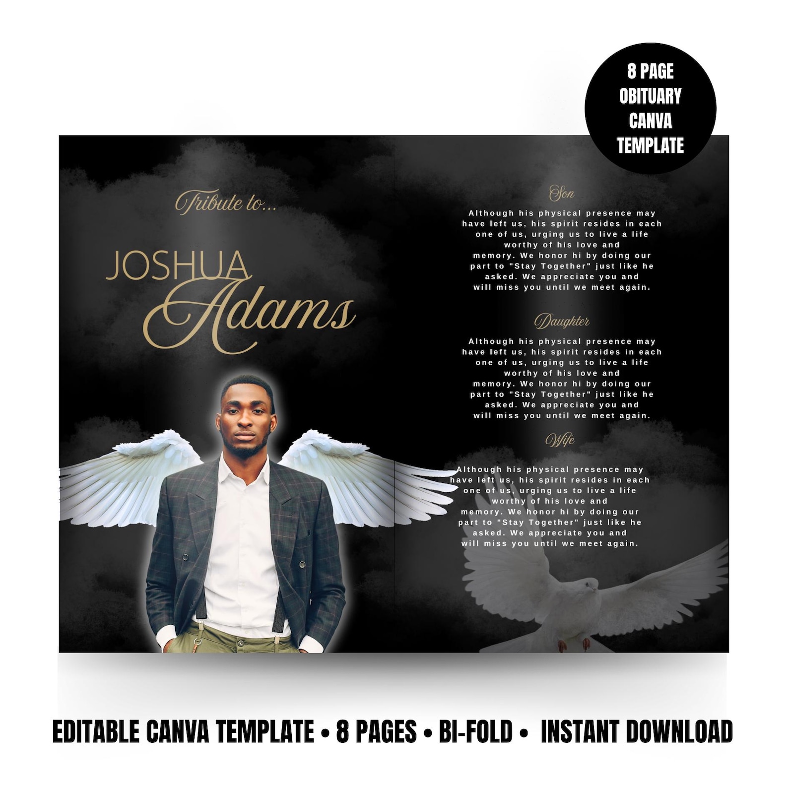 Editable Canva Obituary Template, Custom Men’s Memorial Service ...