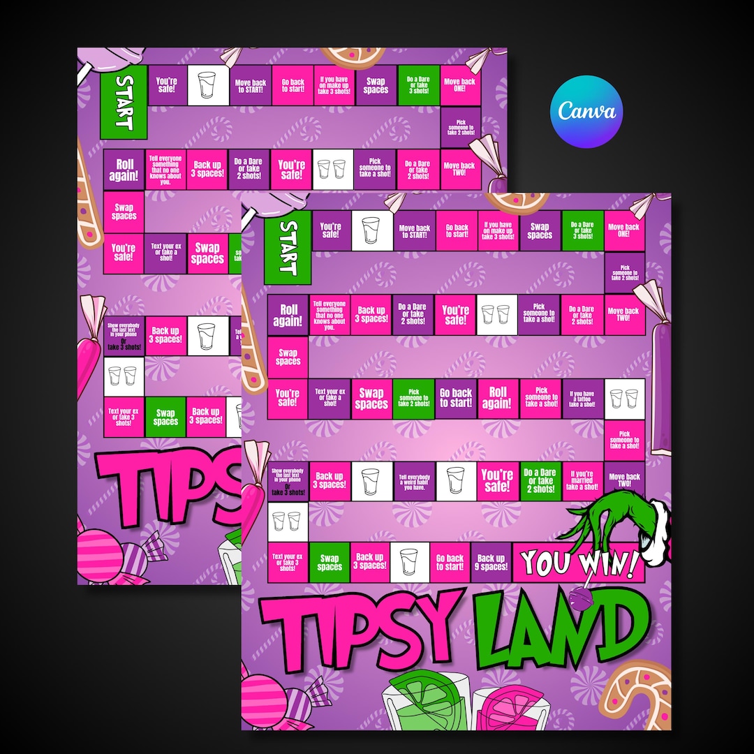 Tipsy Land Board Game, Editable Canva Christmas Game Template for the ...