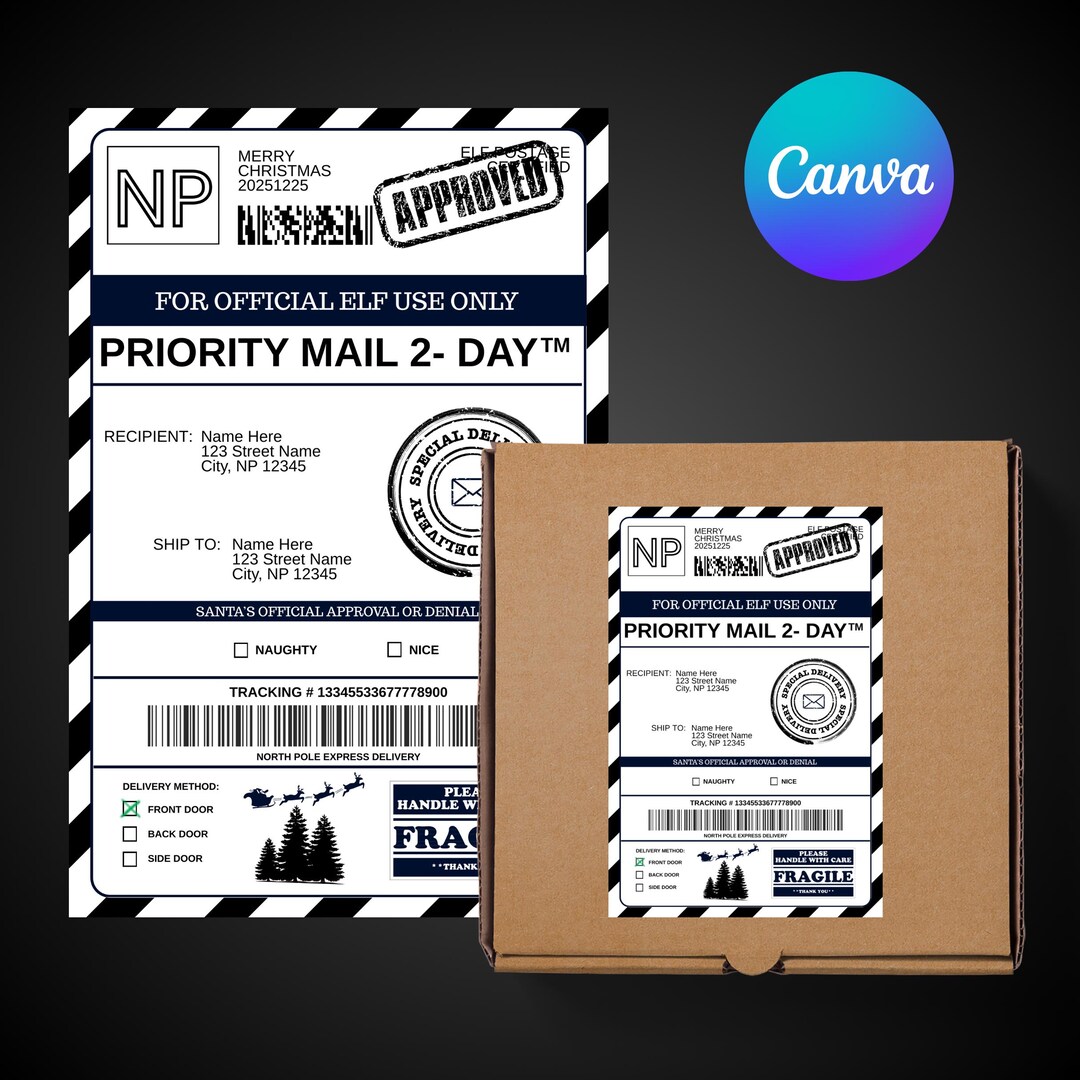 Editable Canva North Pole Shipping Label Template for Christmas Gift ...