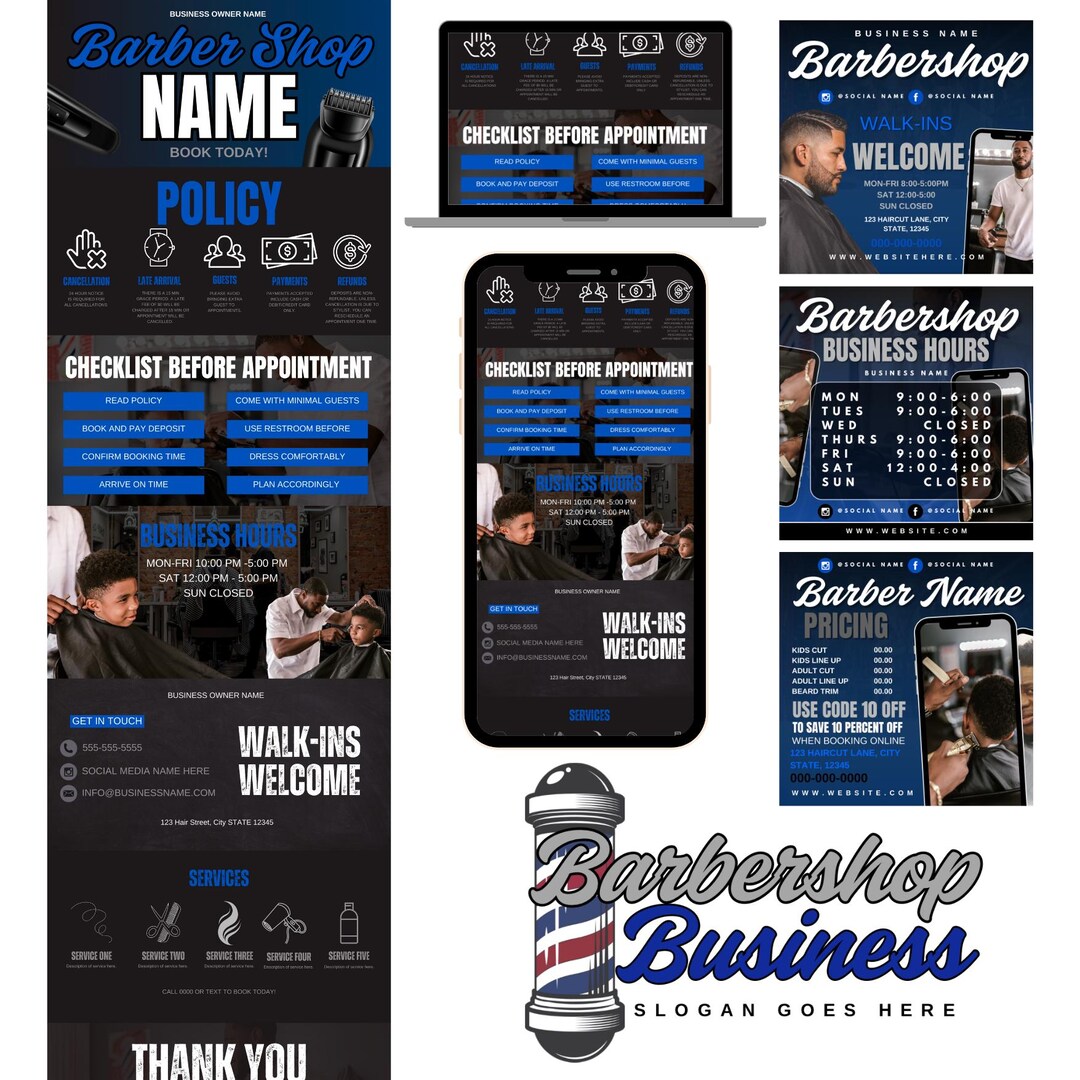 New Barbershop Branding Bundle, Premade Barber Acuity Site, Editable ...