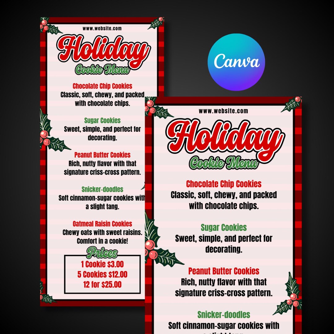 Editable Holiday Cookie Menu for Bakers, Canva Cookie Menu Template ...