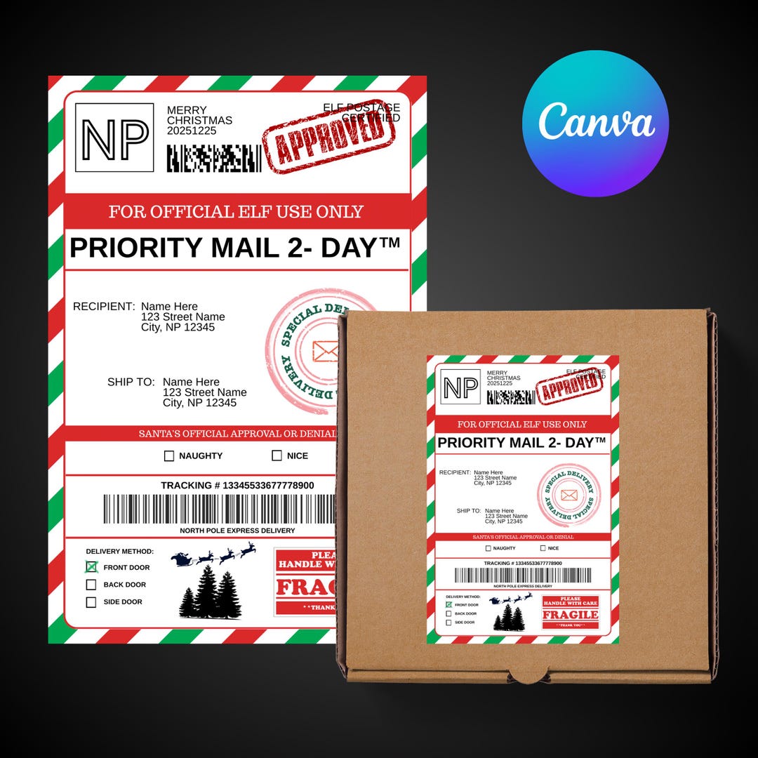 Editable Canva North Pole Shipping Label Template for Christmas Gift ...
