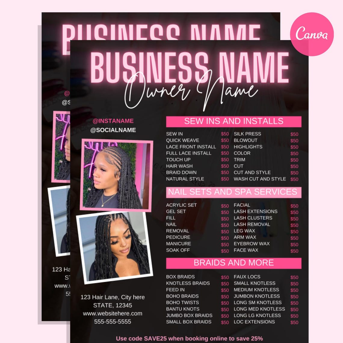 Pink and Black Pricing Template, Business Pricing and Menu, Canva ...
