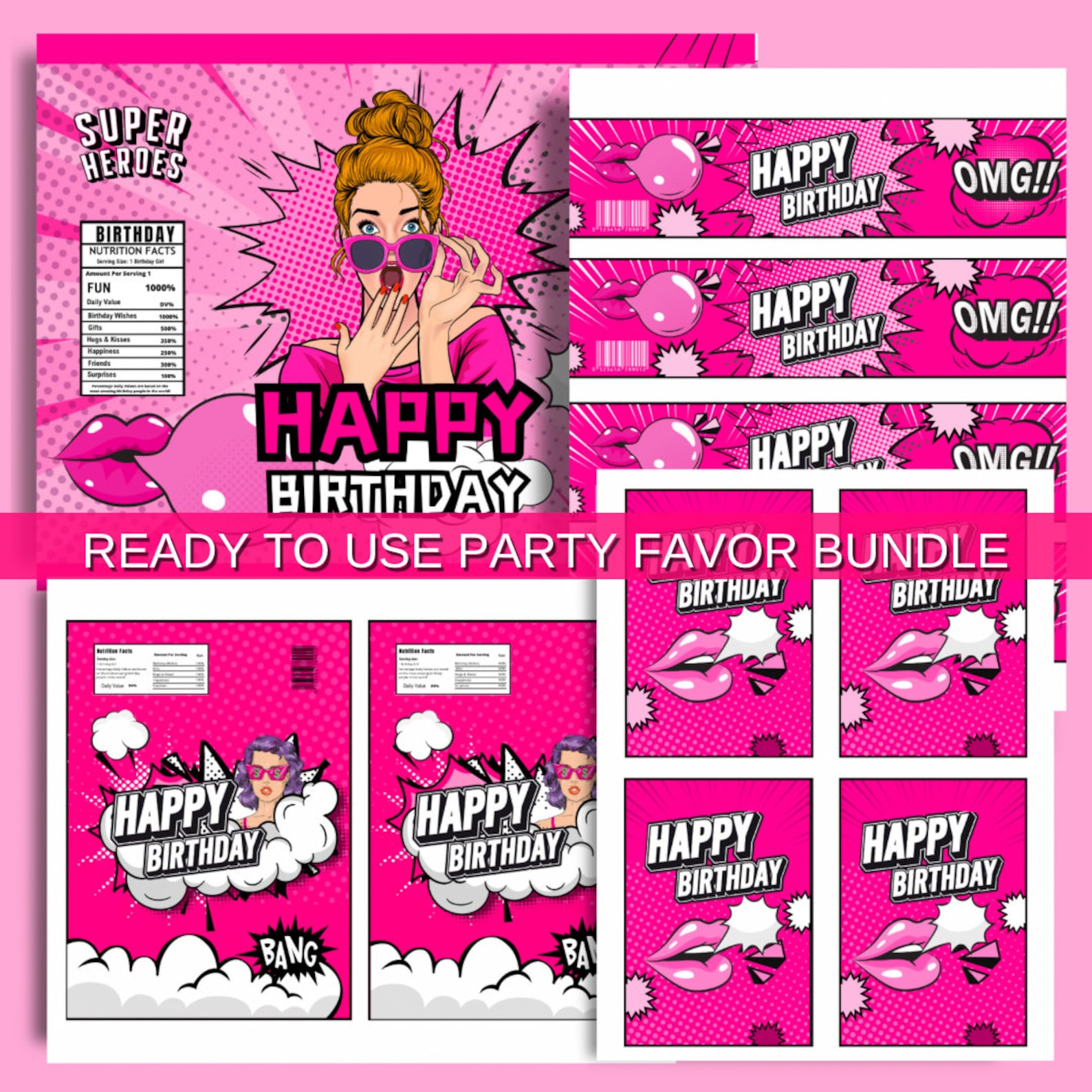 Girly Pink Comic Book Party Favor Templates, Party Favor Template Set ...