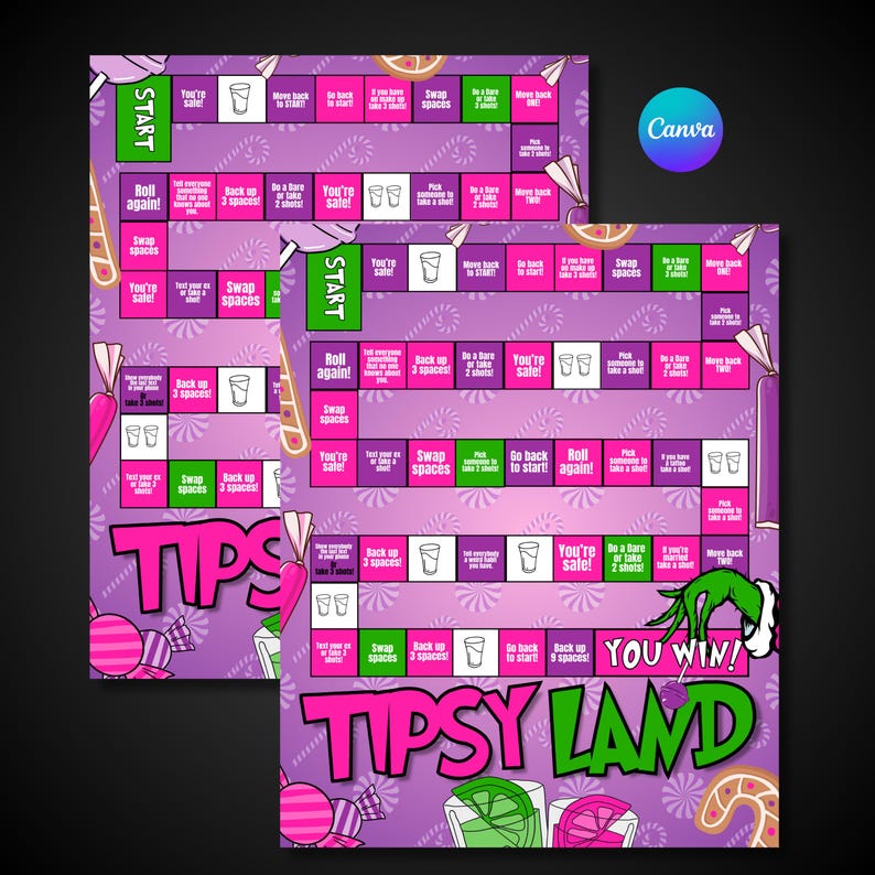 Tipsy Land Board Game, Editable Canva Christmas Game Template for the ...