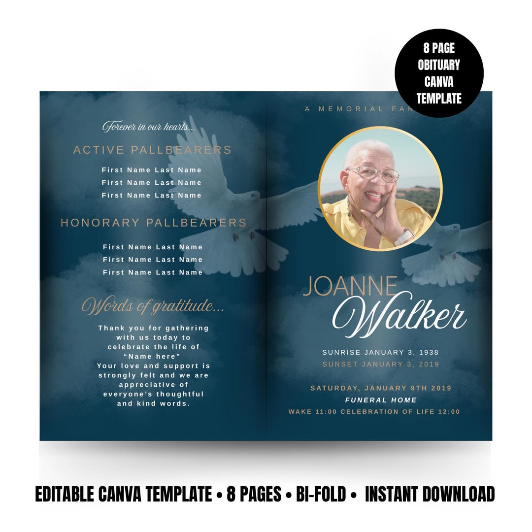 Editable Canva Obituary Template, Elegant Women’s Memorial Service ...