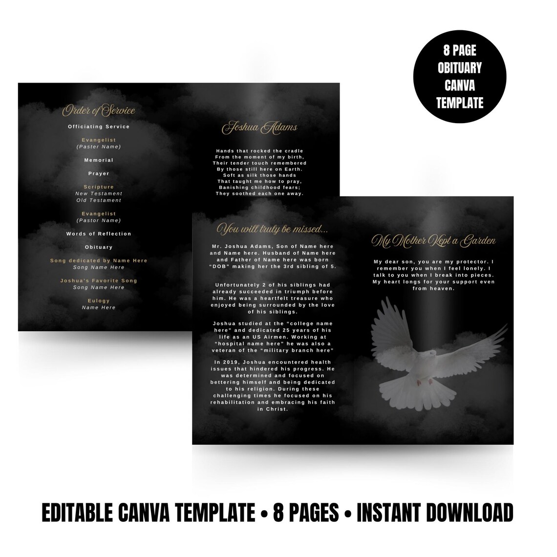 Editable Canva Obituary Template, Custom Men’s Memorial Service ...