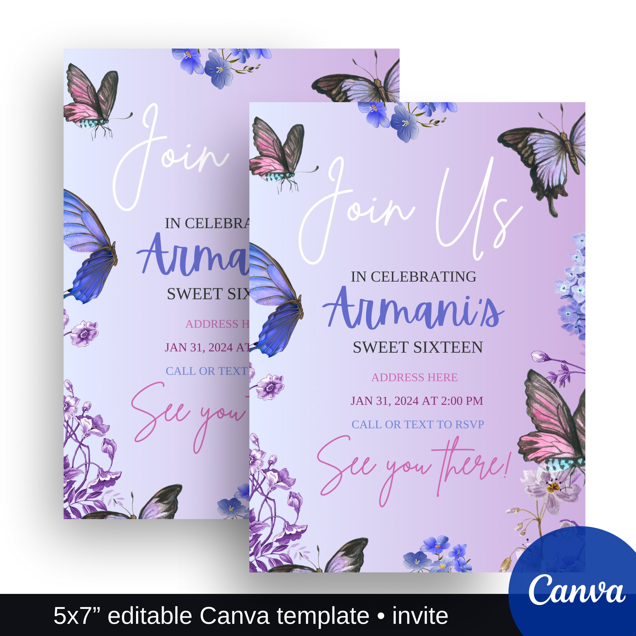 Editable Butterfly Birthday Invitation, Canva Bday Party Invitation ...