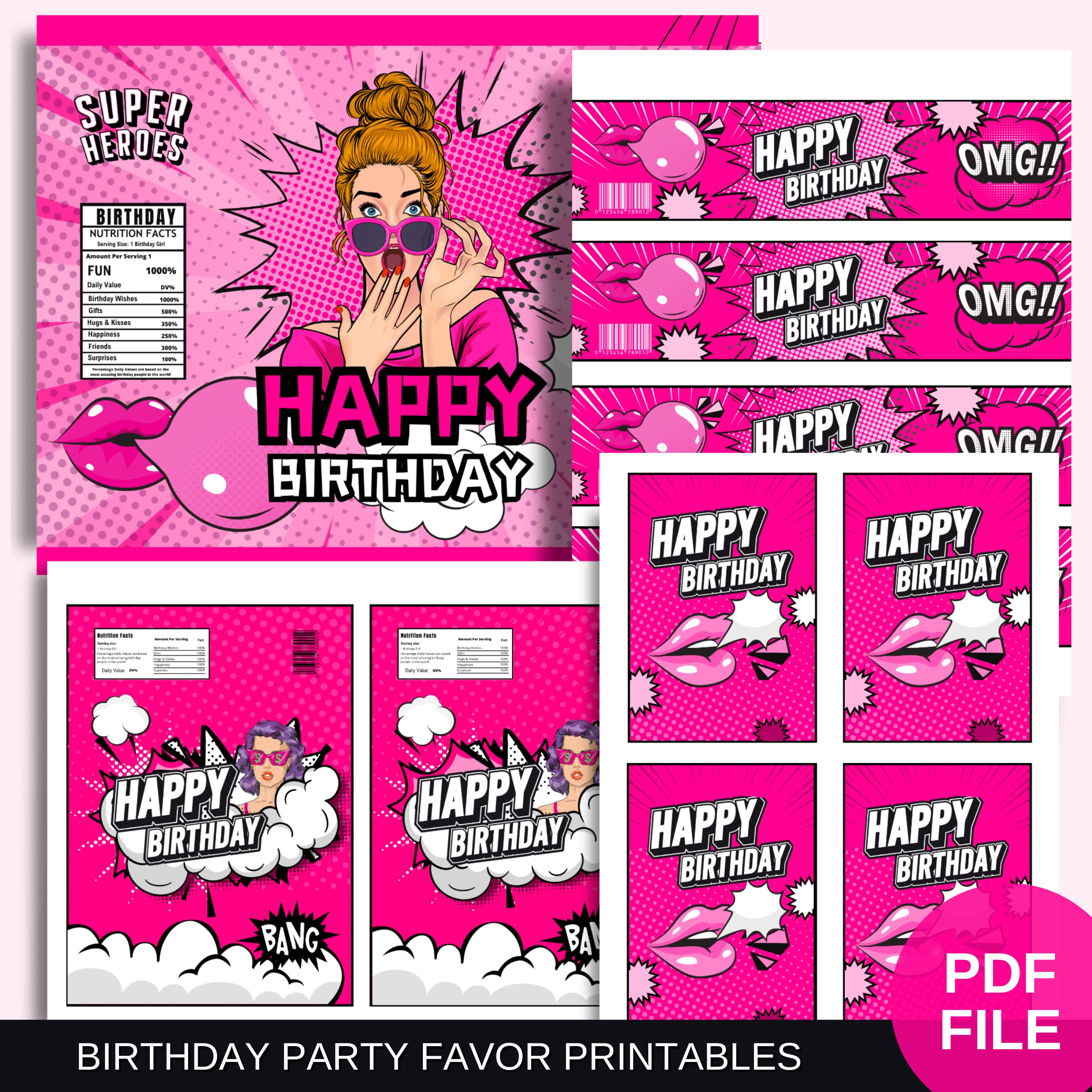 Girly Pink Comic Book Party Favor Templates, Party Favor Template Set ...