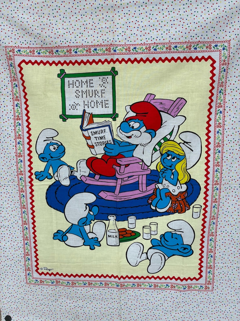 1982 Smurfs Quilt Panel: Papa Smurf, Smurfette Cozy Scene Fabric (44x35 ...