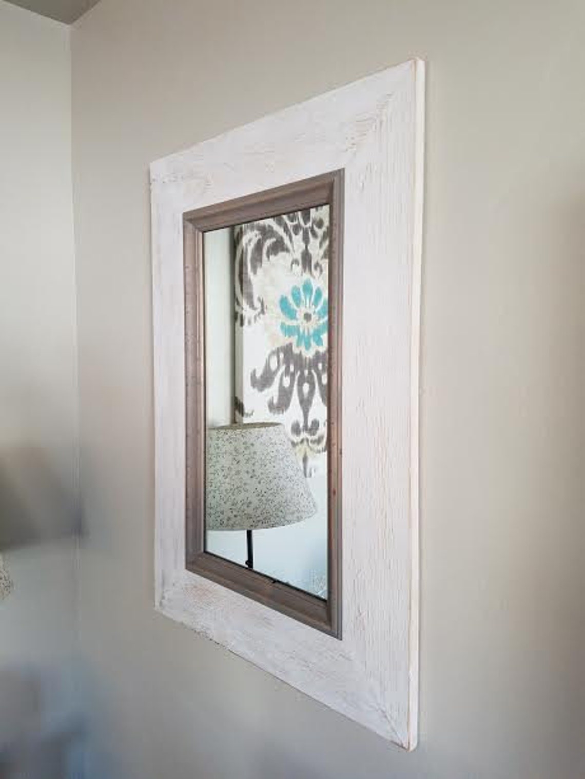 Rustic White Mirror W/ Gray Decorative Moulding | Etsy