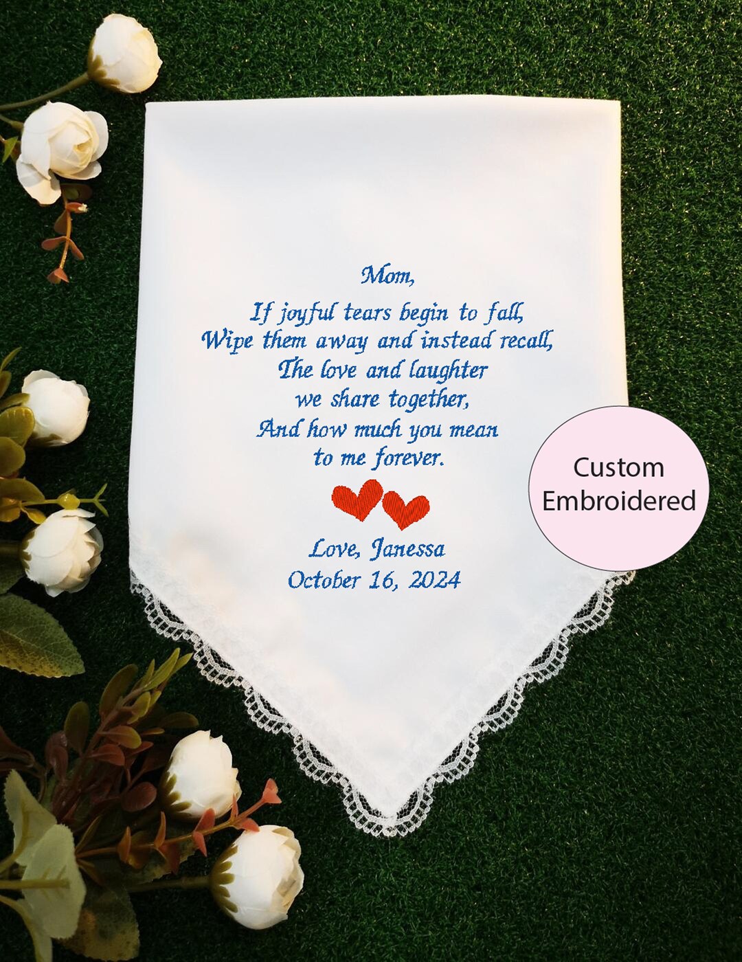 Personalized Embroidered Handkerchief: Mother of Bride Gift, Heart ...