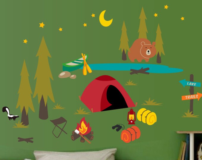Camping Tent With Bear in Forest Vinyl Wall Decal Boy's Bedroom or ...