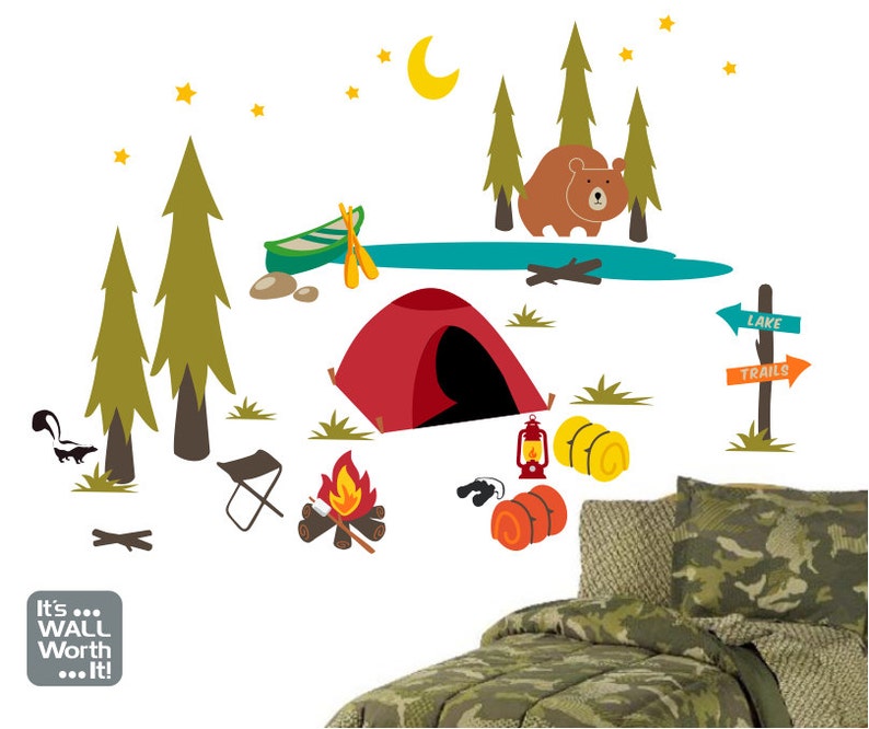 Camping Tent With Bear in Forest Vinyl Wall Decal Boy's | Etsy