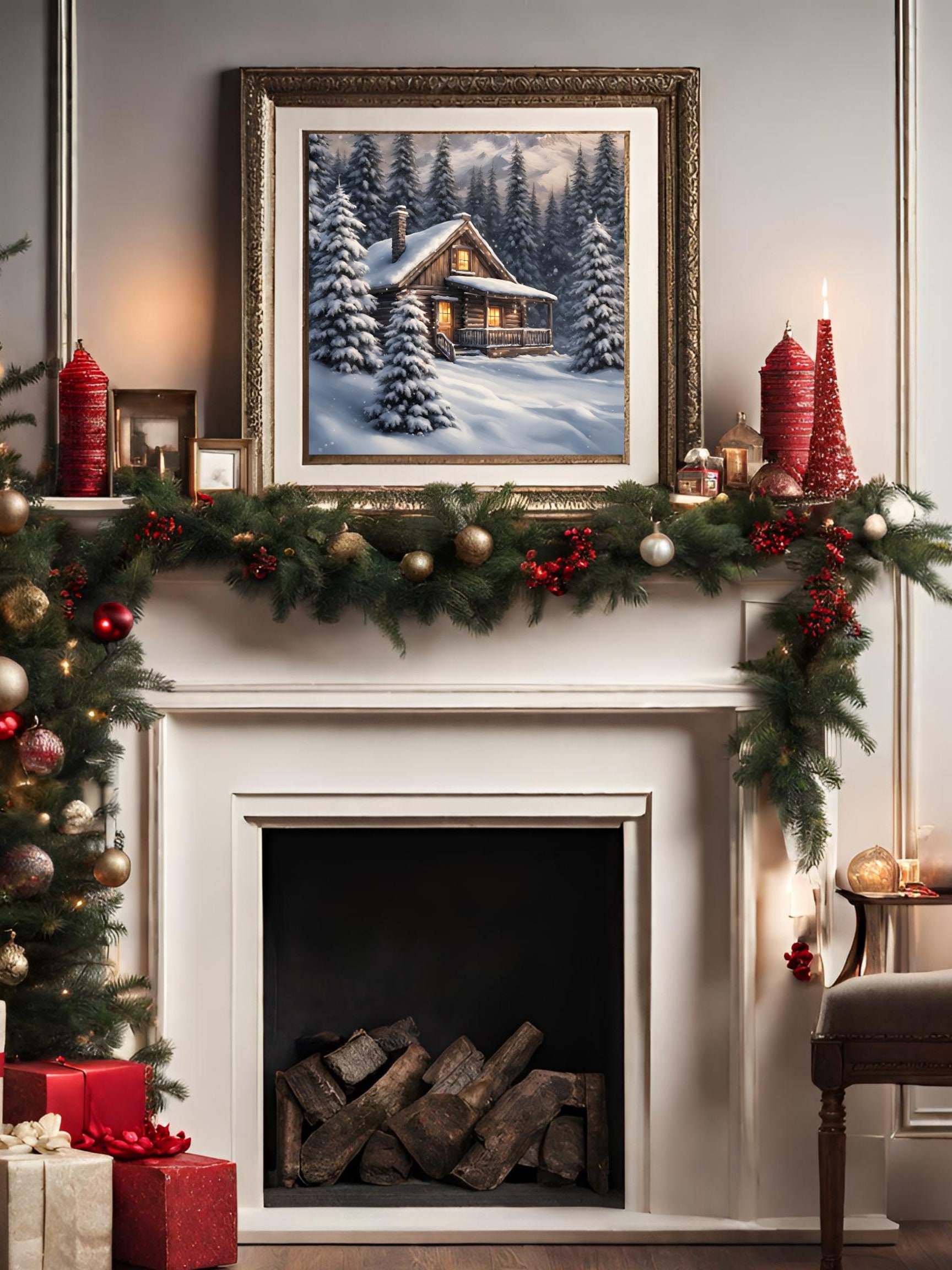 Printable Christmas Cabin in the Woods Holiday Scene Wall Art Digital ...