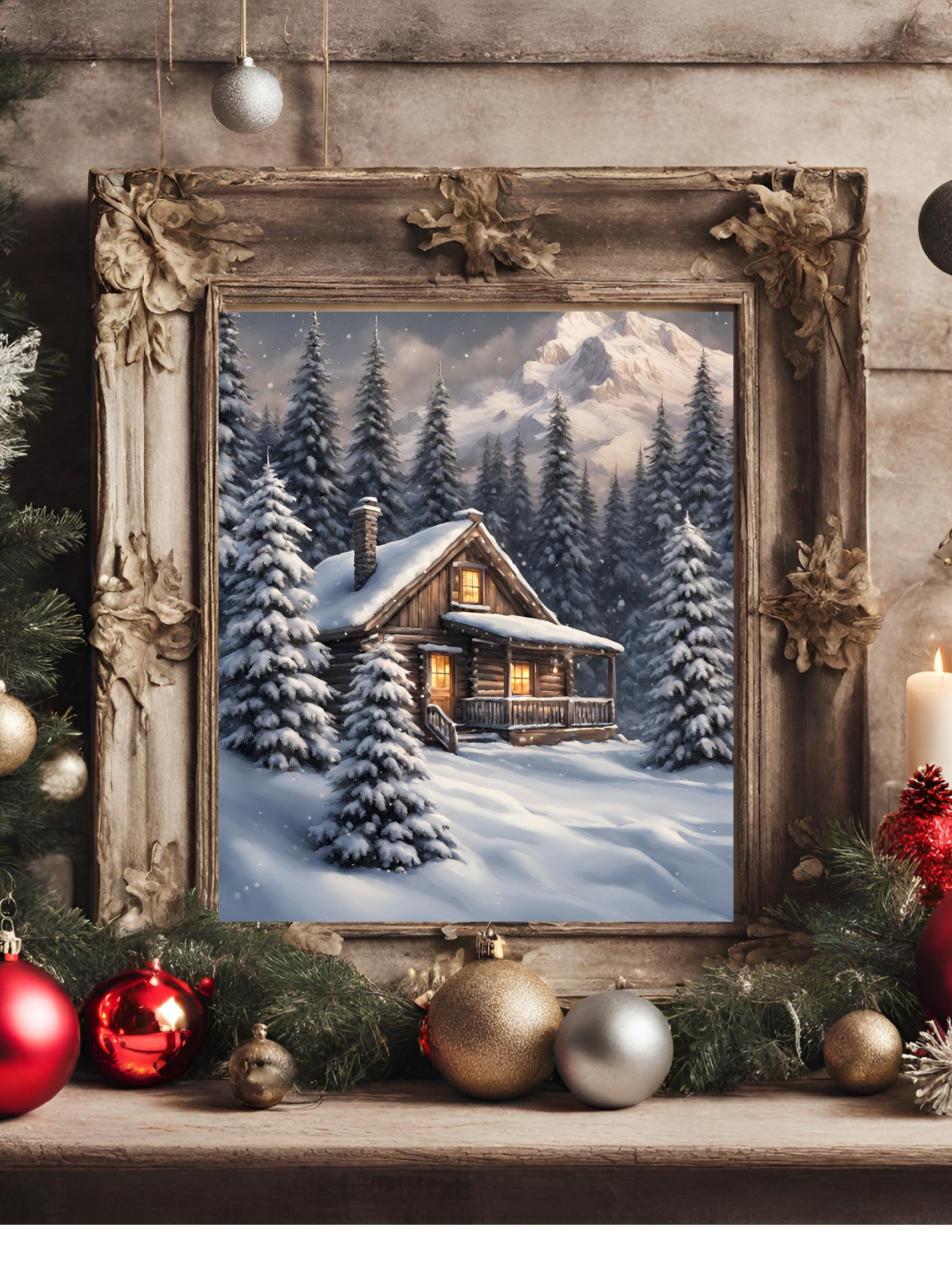 Printable Christmas Cabin in the Woods Holiday Scene Wall Art Digital ...