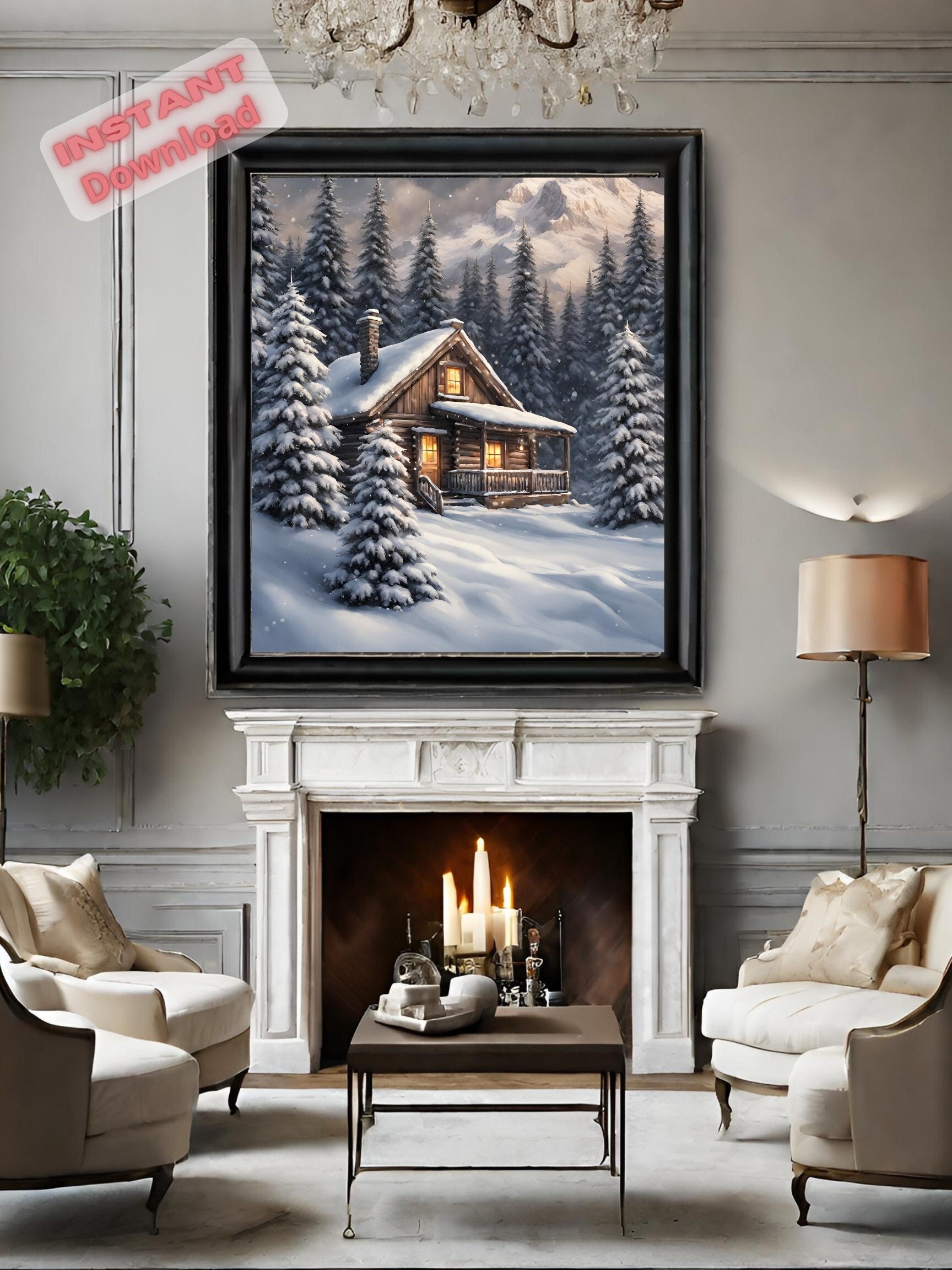 Printable Christmas Cabin in the Woods Holiday Scene Wall Art Digital ...