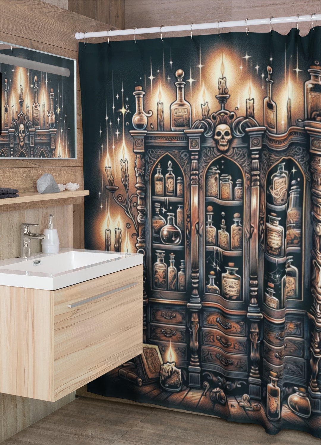 Apothecary Cabinet Witchcraft Gothic Shower Curtain - Antique Bottles ...