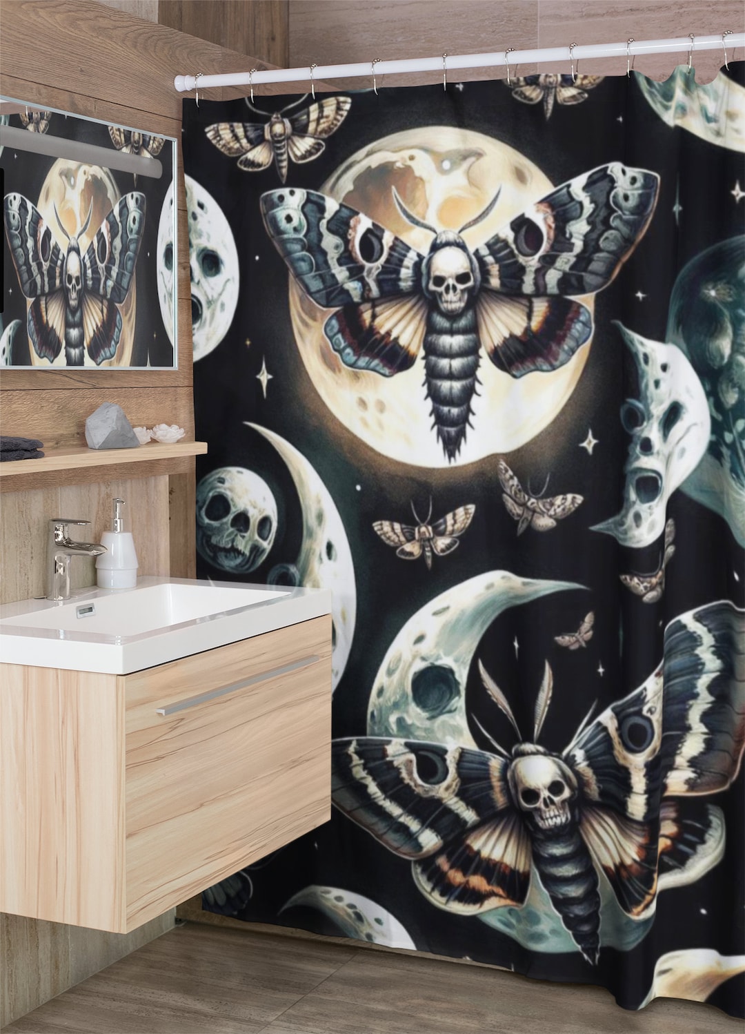 Halloween 2024 Death Head Moths Macabre and Moon Phases Shower Curtain ...