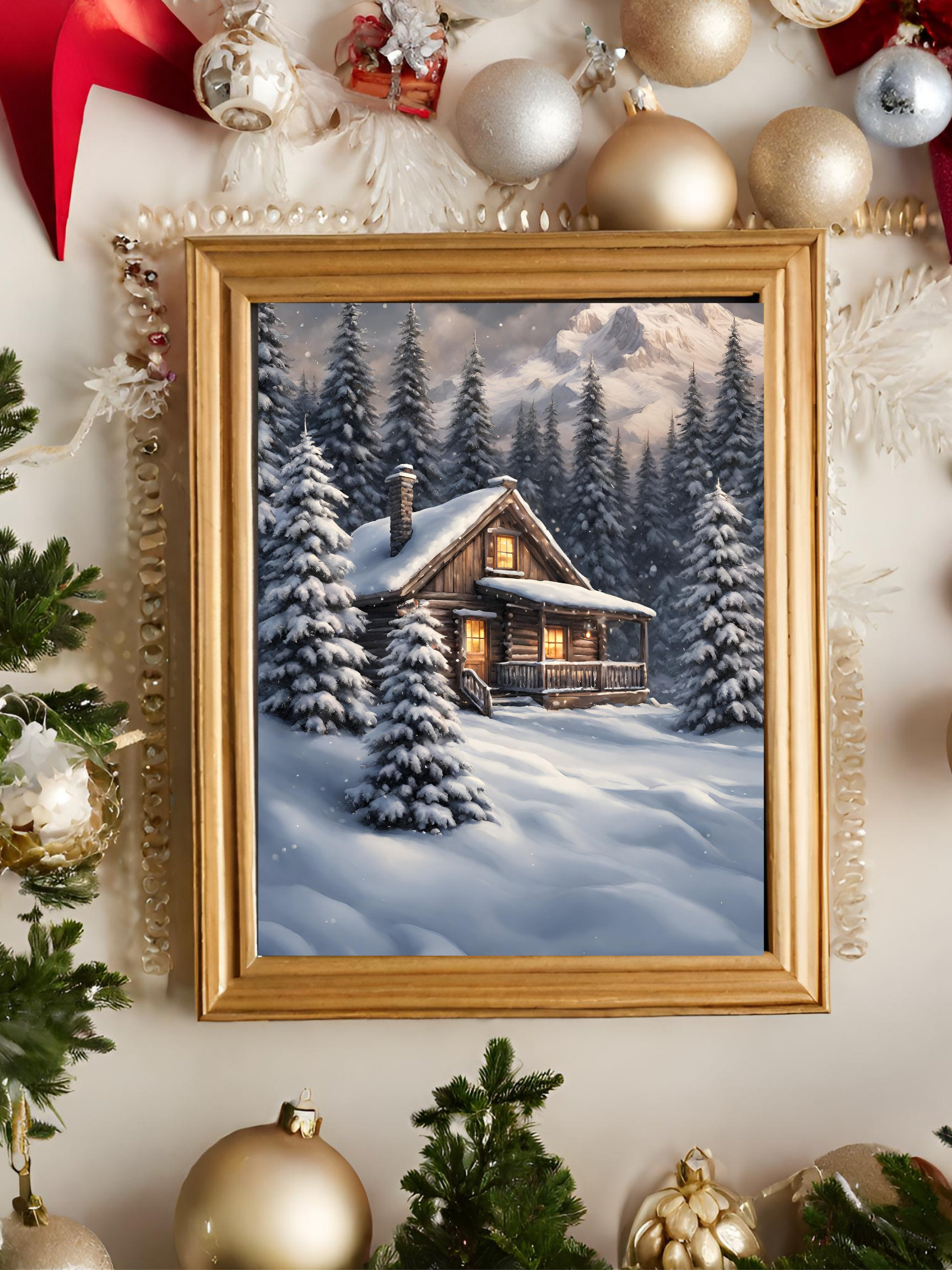 Printable Christmas Cabin in the Woods Holiday Scene Wall Art Digital ...