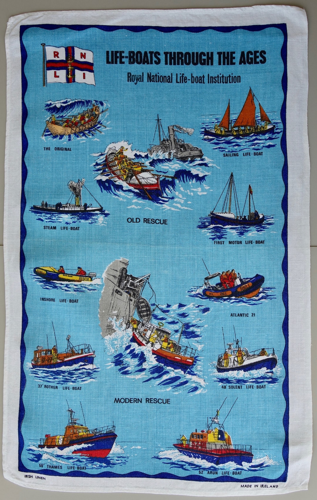 Vintage Life Boats Through the Ages Marine Rescue Theme Irish Linen Tea ...