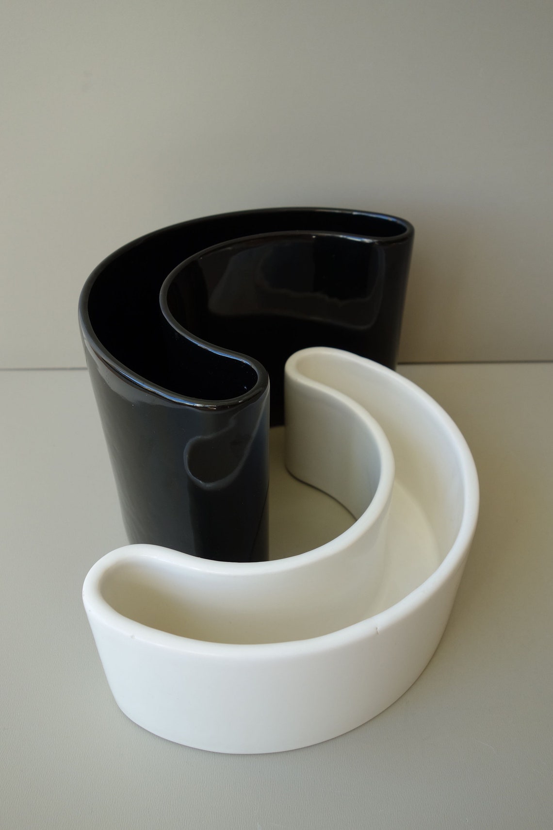 2 two vintage half moon crescent glazed ceramics vases black & | Etsy