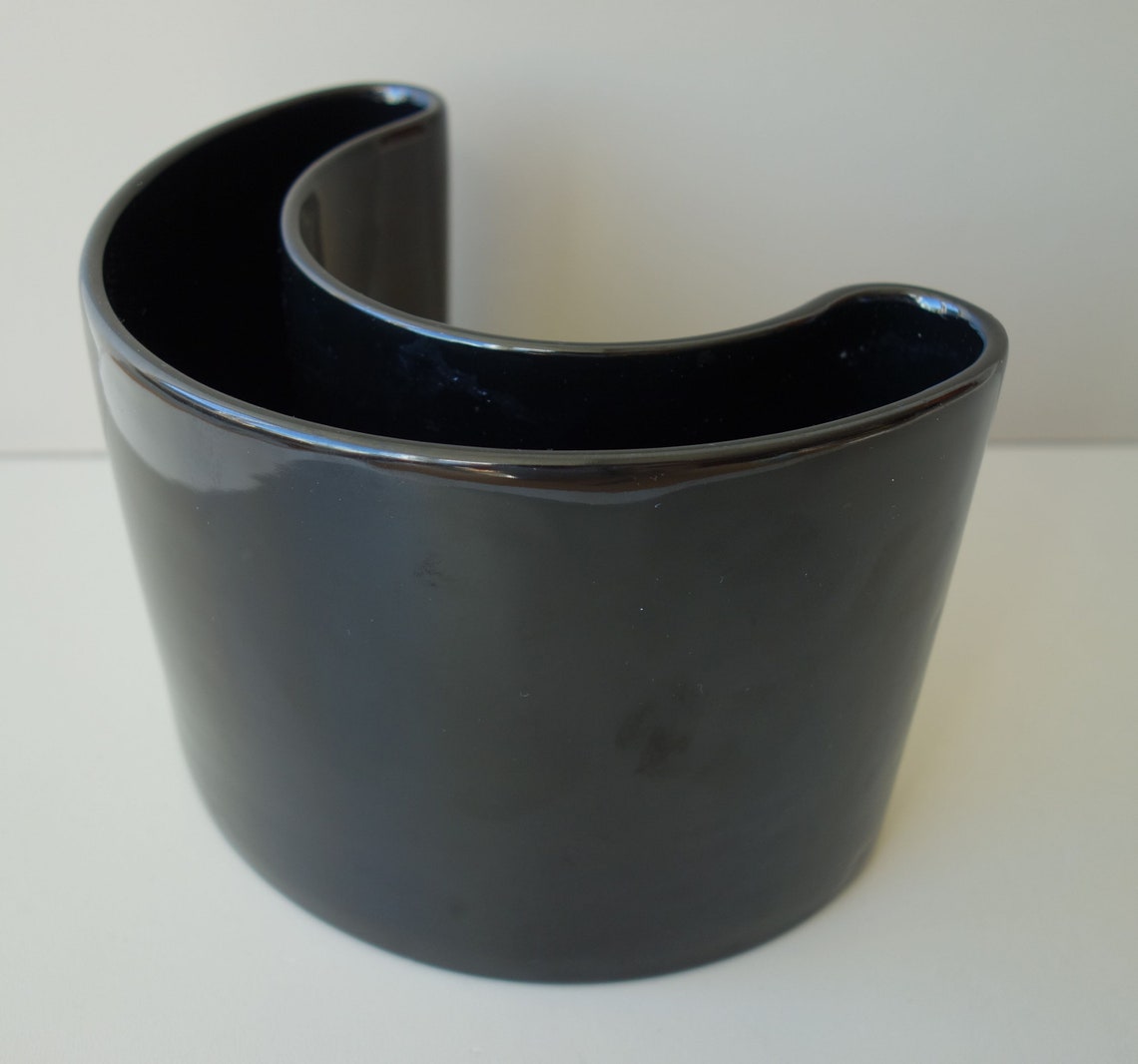 2 two vintage half moon crescent glazed ceramics vases black & | Etsy