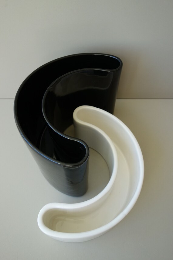 2 two vintage half moon crescent glazed ceramics vases black & | Etsy