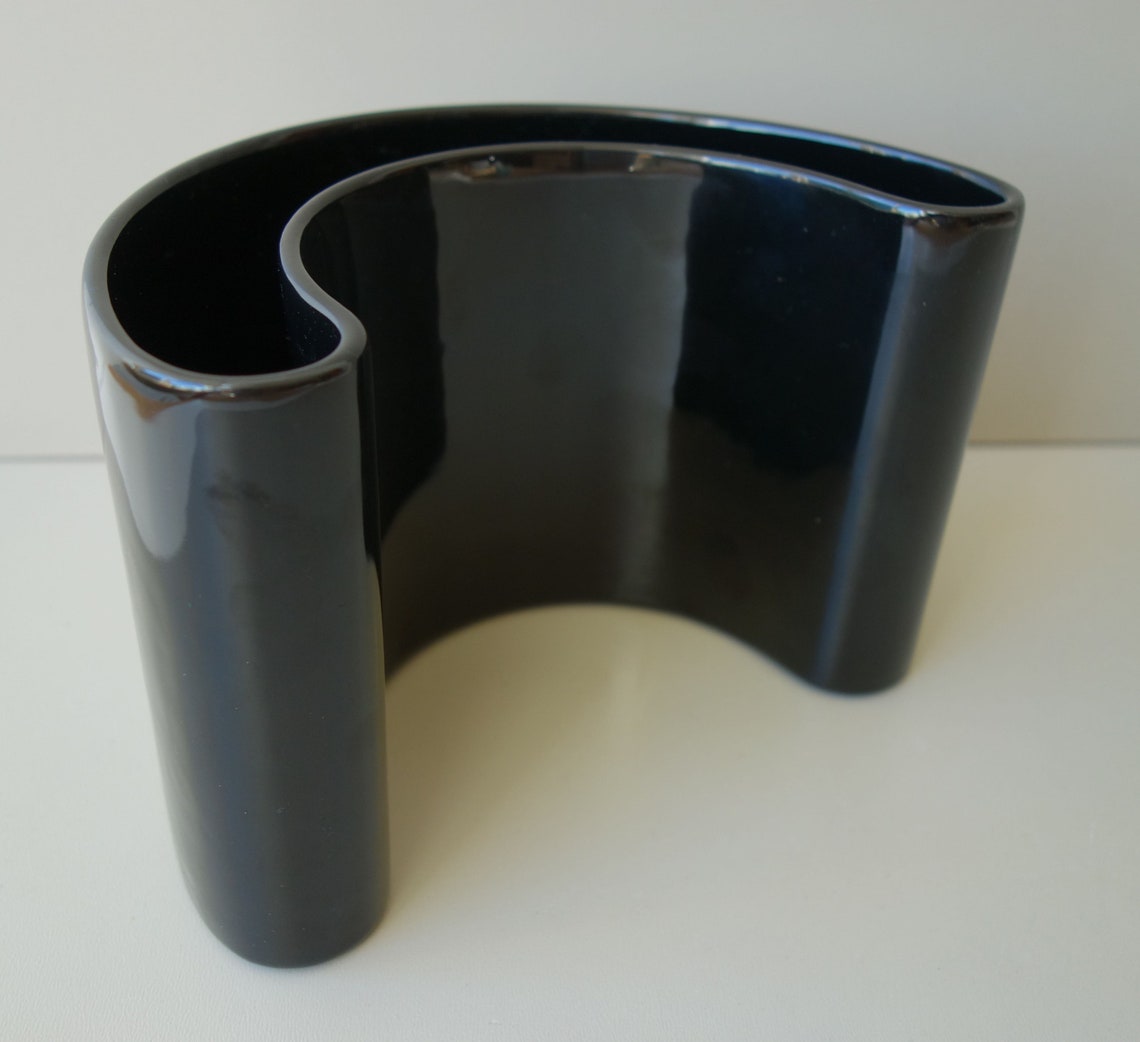 2 two vintage half moon crescent glazed ceramics vases black & | Etsy