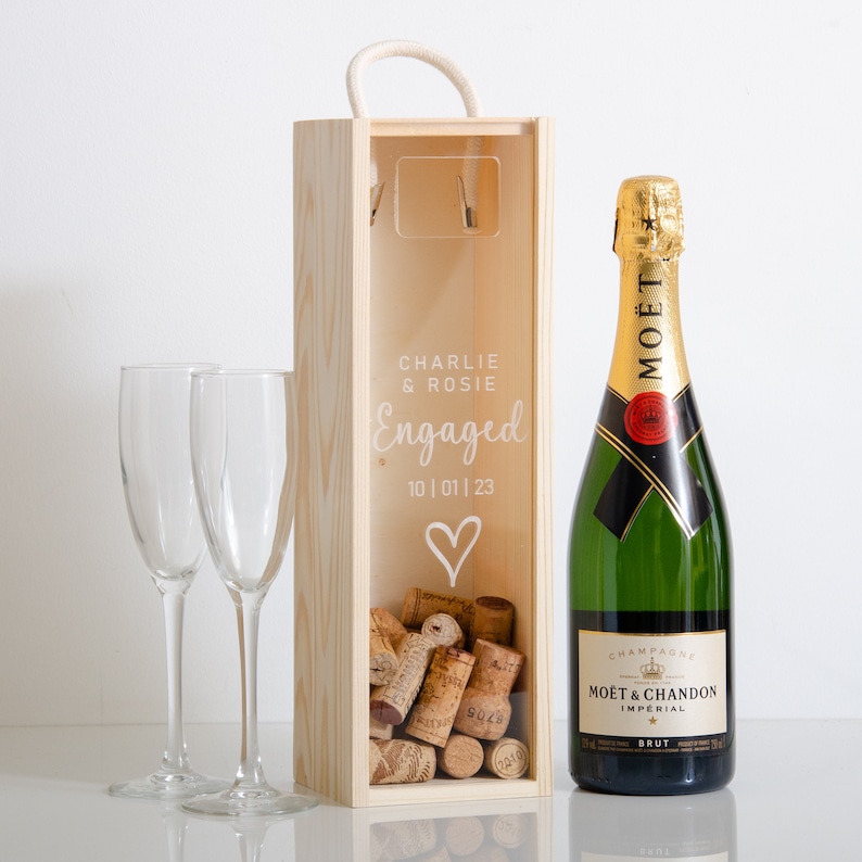 Personalised Engaged Bottle Box | Champagne Cork Wooden Box | Couples ...