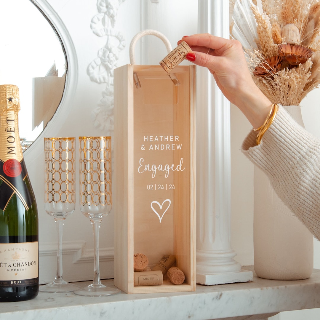 Personalised Engaged Bottle Box | Champagne Cork Wooden Box | Couples ...